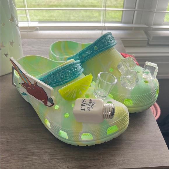 CROCS | Shoes | Crocs Kids Neon Green And Blue Sandals With Charms ...